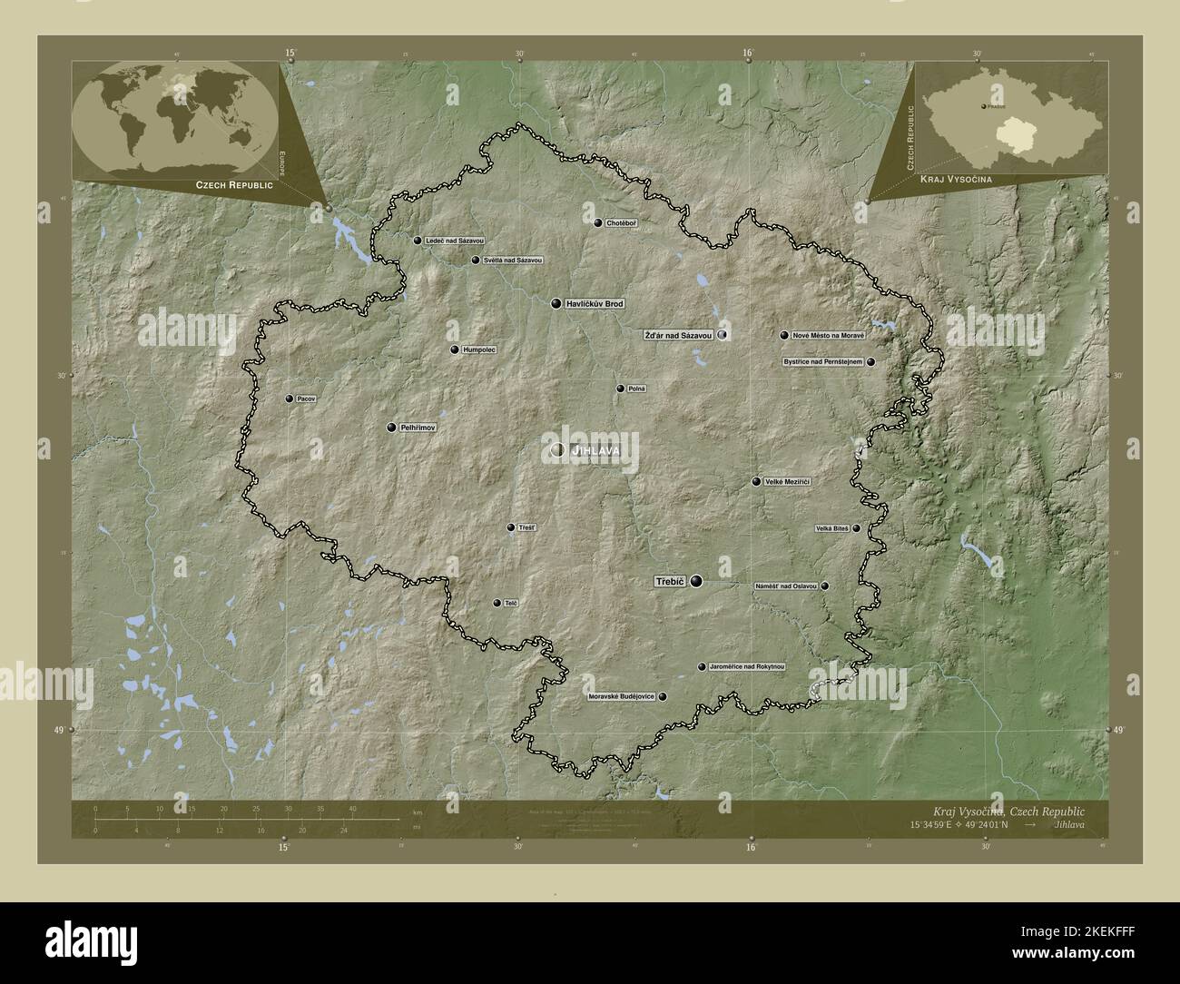 Kraj Vysocina, region of Czech Republic. Elevation map colored in wiki style with lakes and ...