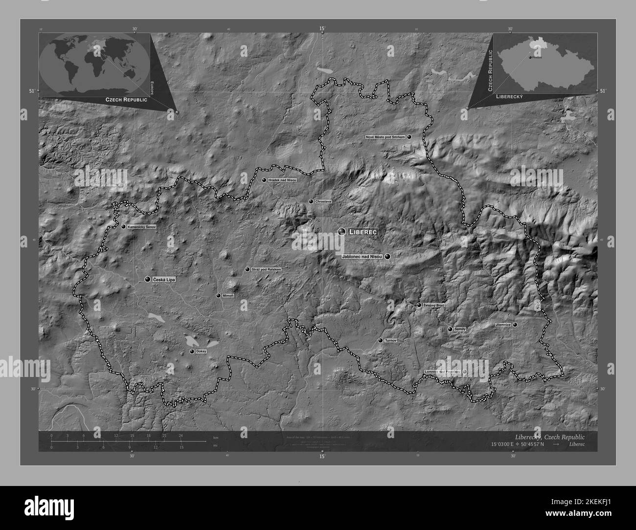 Liberecky, region of Czech Republic. Bilevel elevation map with lakes ...