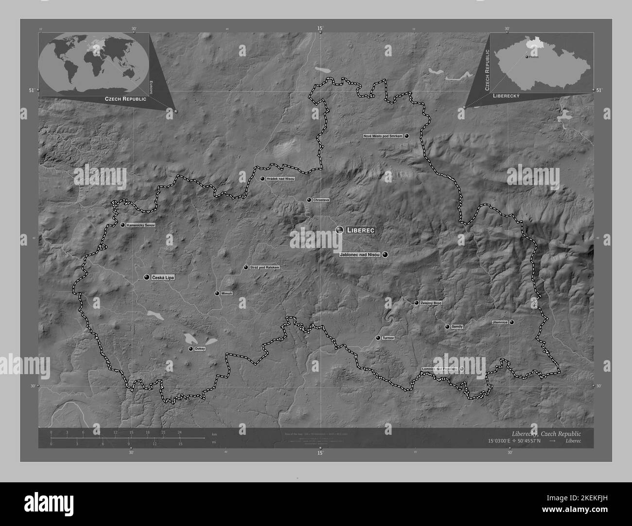 Liberecky, region of Czech Republic. Grayscale elevation map with lakes ...