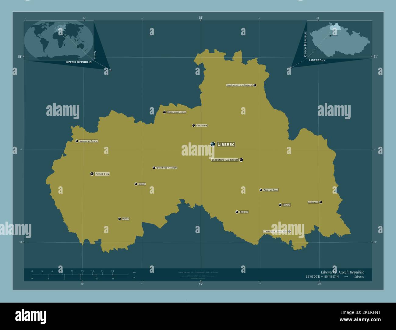 Liberecky, region of Czech Republic. Solid color shape. Locations and ...