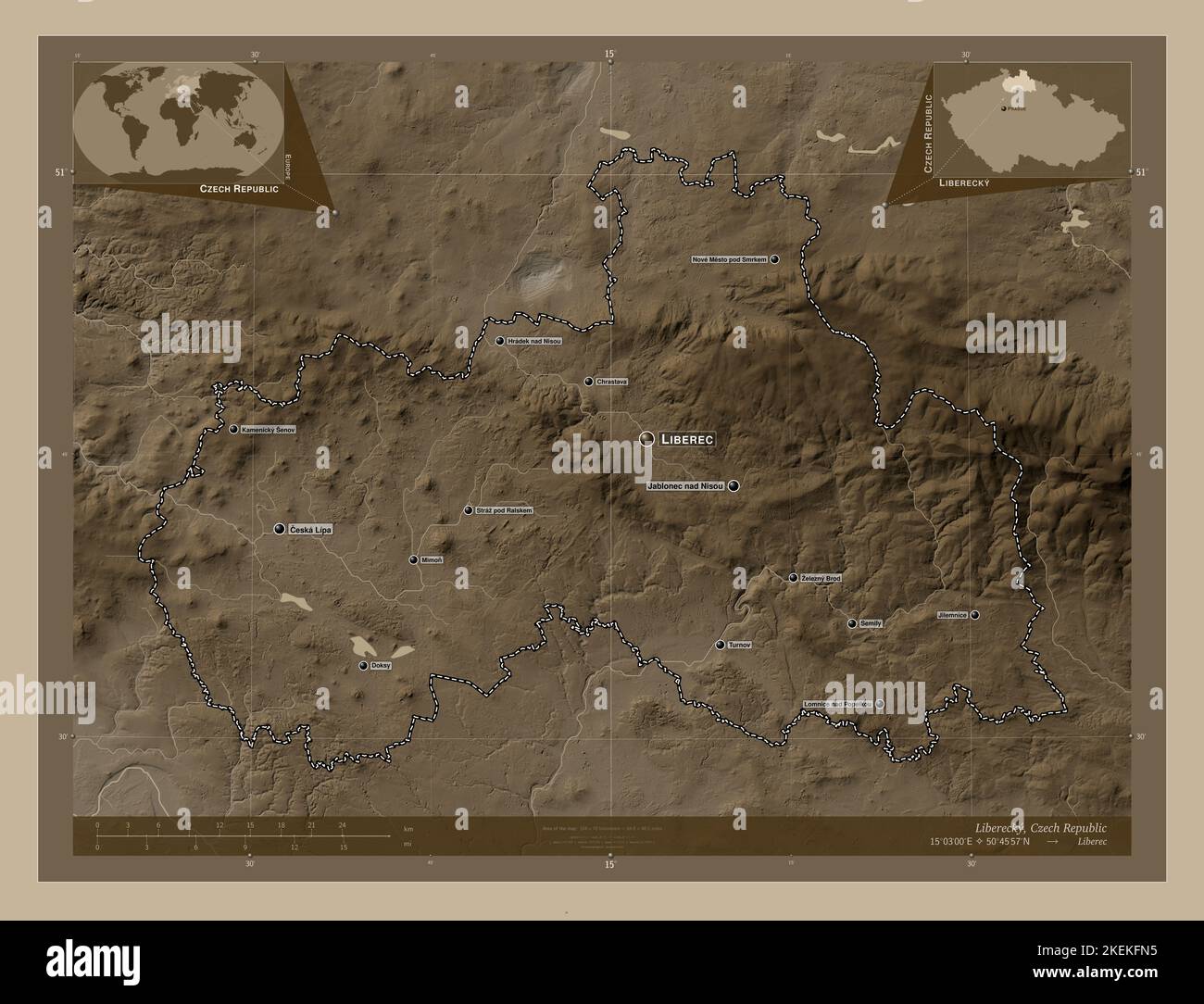 Liberecky, region of Czech Republic. Elevation map colored in sepia ...