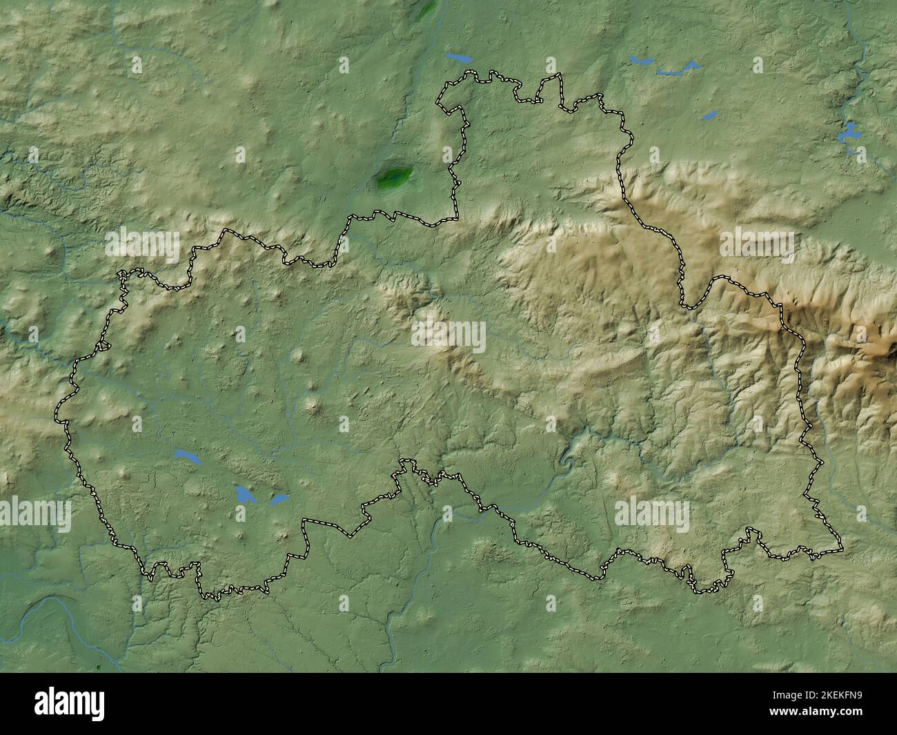 Liberecky, region of Czech Republic. Colored elevation map with lakes ...