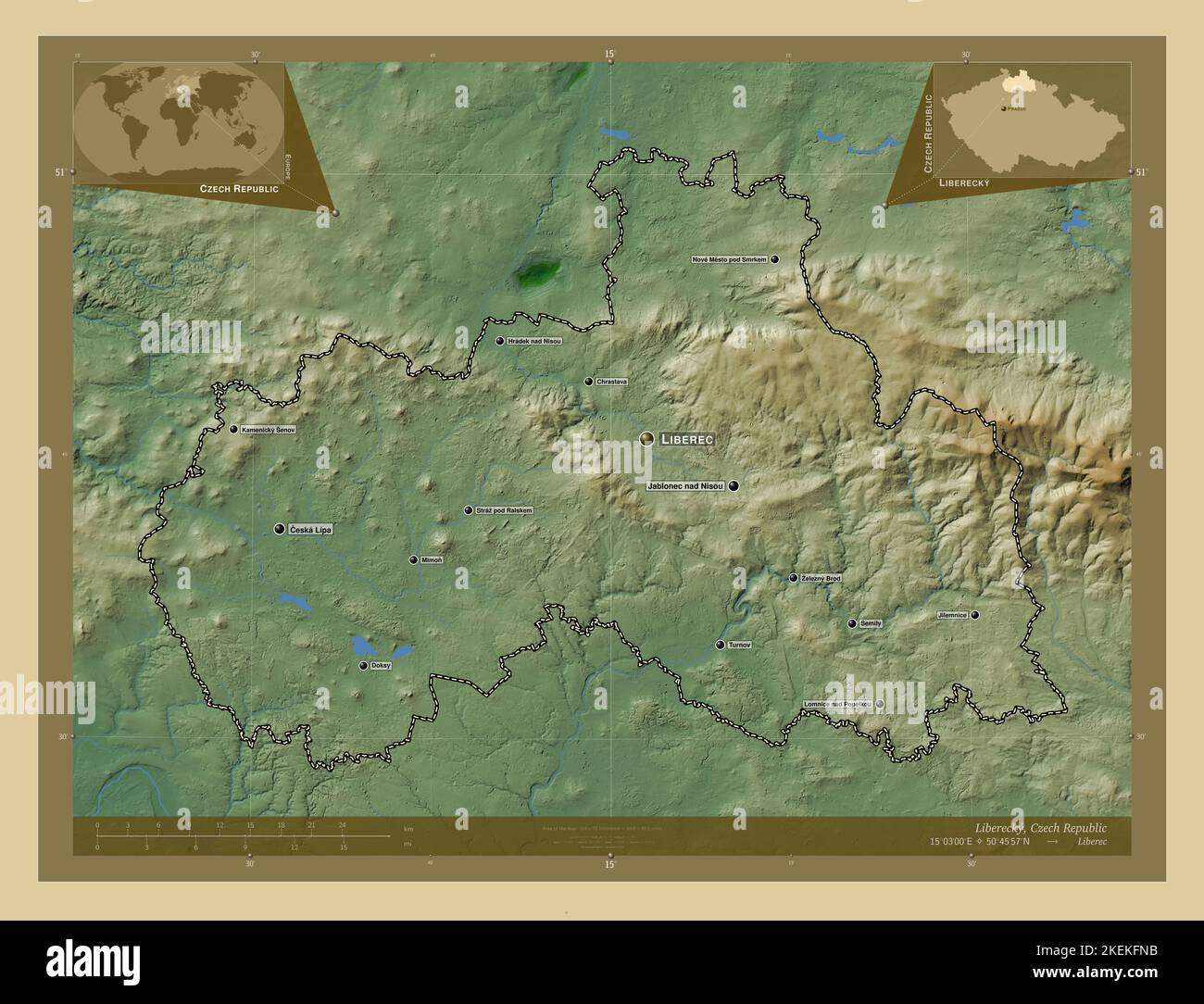 Liberecky, region of Czech Republic. Colored elevation map with lakes ...