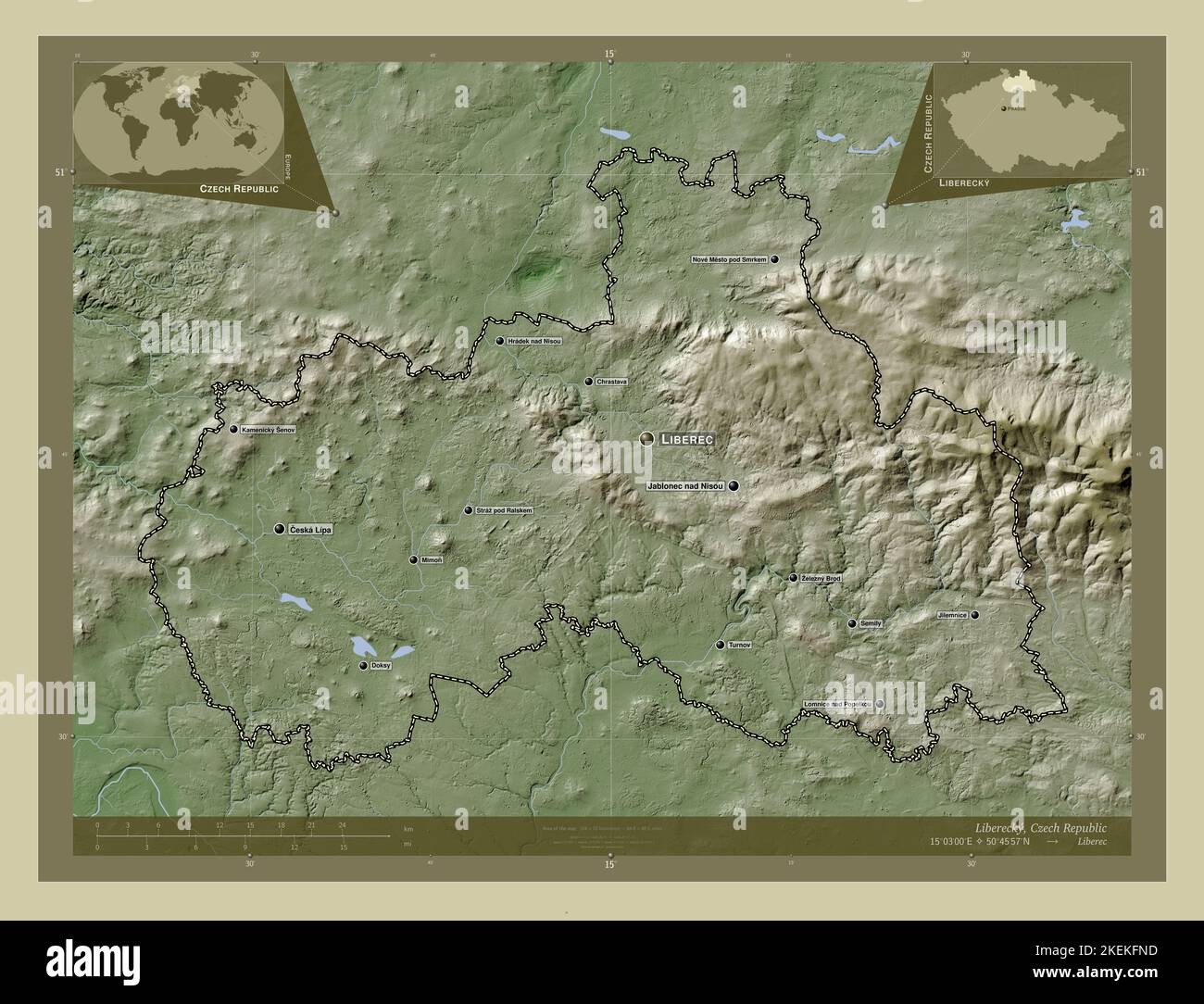 Liberecky, region of Czech Republic. Elevation map colored in wiki ...
