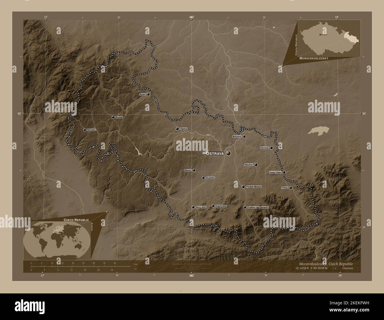 Moravskoslezsky, region of Czech Republic. Elevation map colored in ...