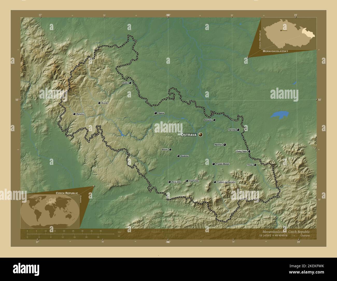 Moravskoslezsky, region of Czech Republic. Colored elevation map with ...