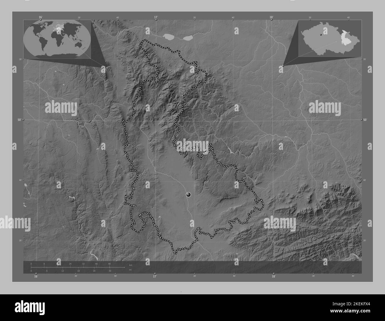 Olomoucky, region of Czech Republic. Grayscale elevation map with lakes ...