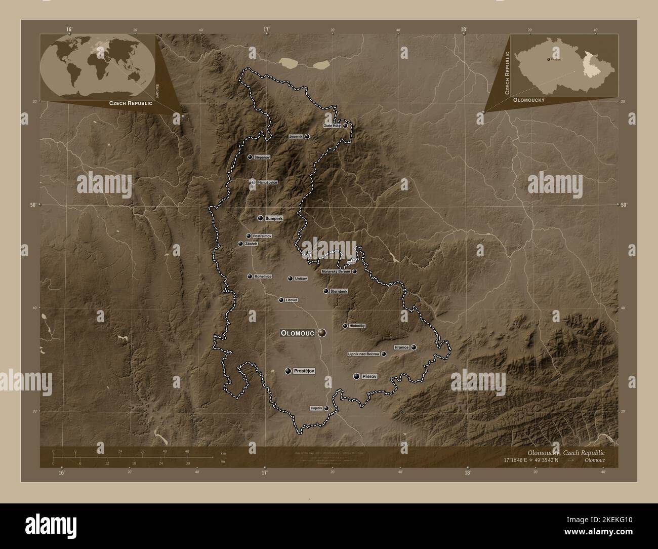 Olomoucky, region of Czech Republic. Elevation map colored in sepia ...