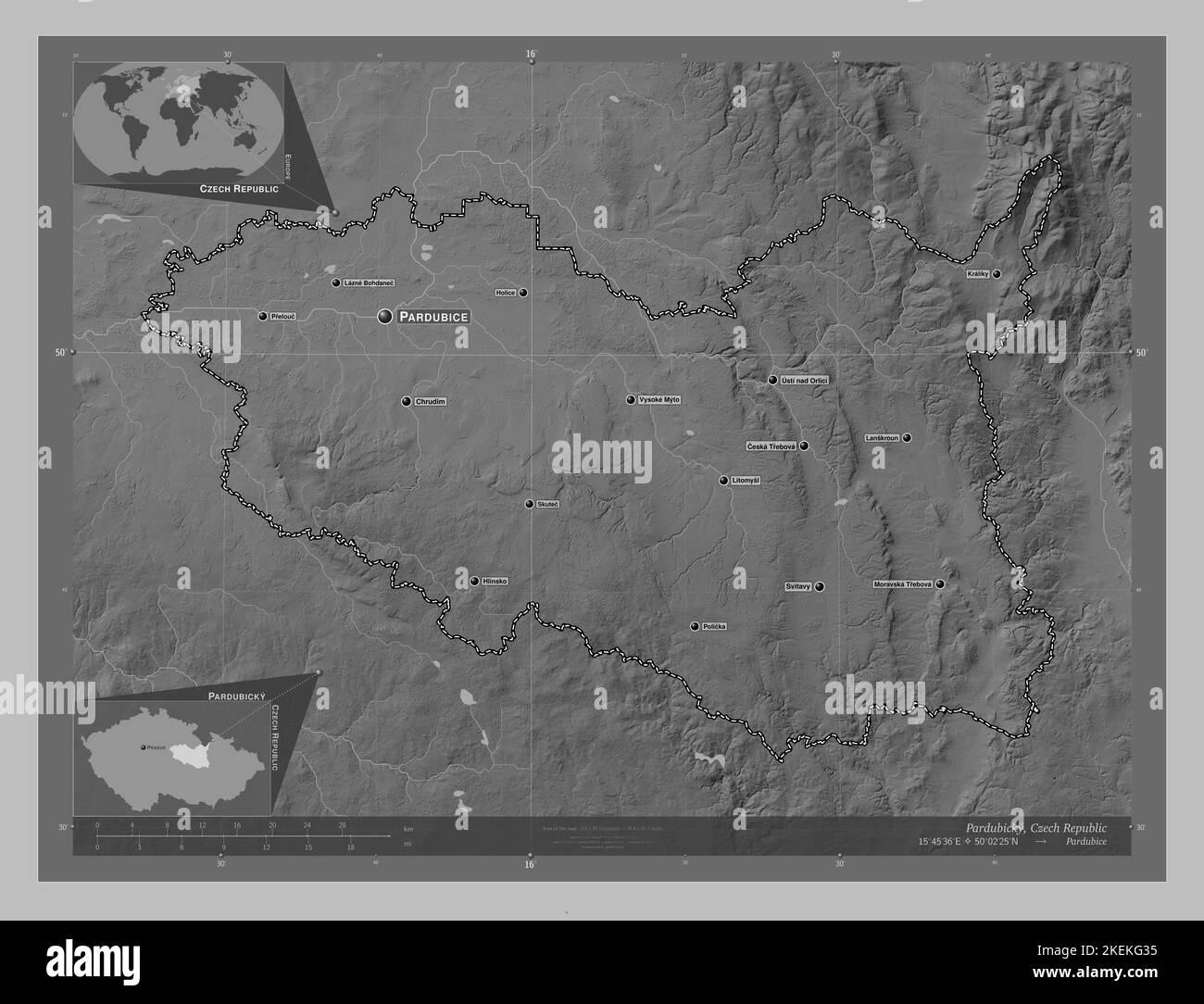 Pardubicky, region of Czech Republic. Grayscale elevation map with ...