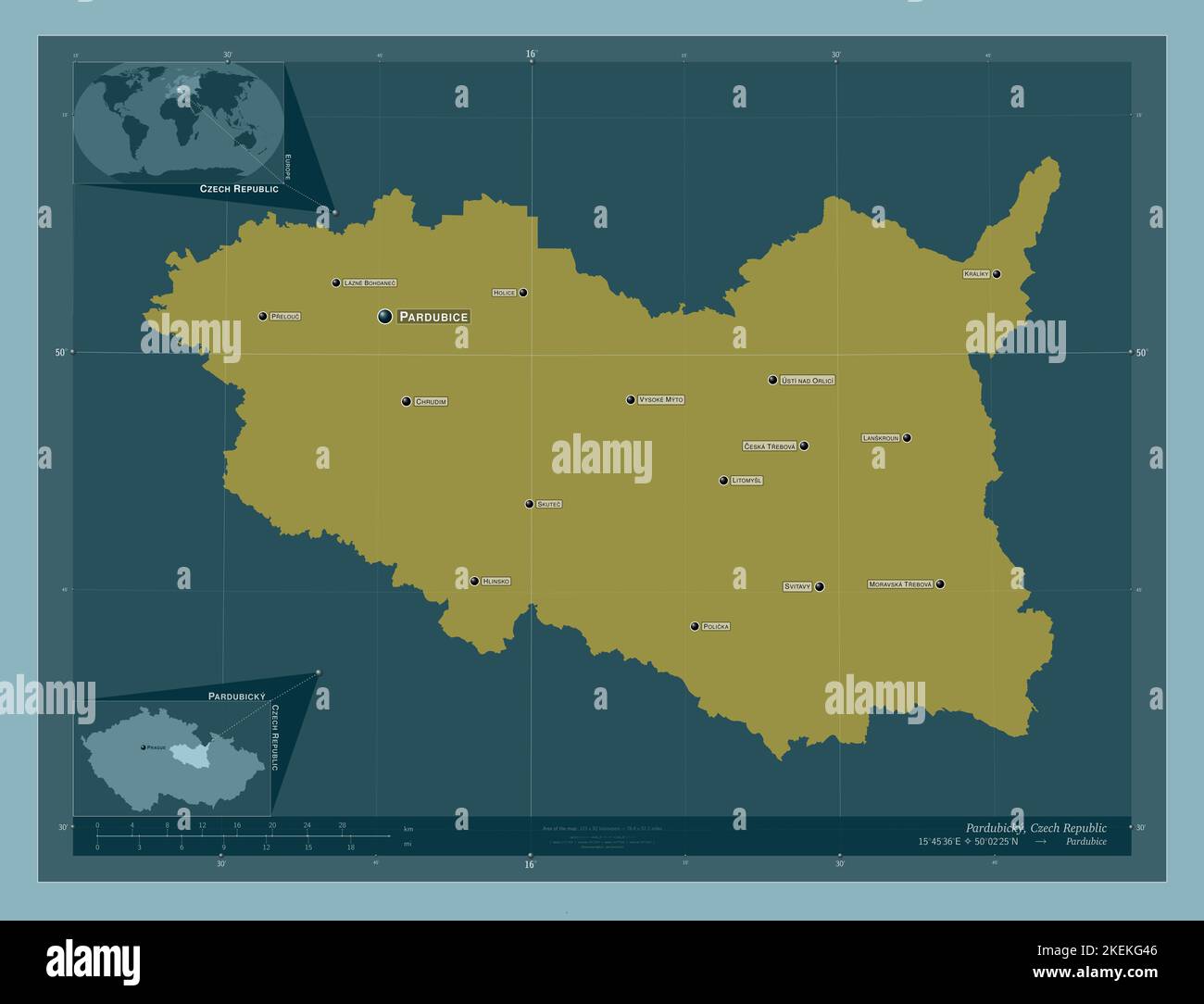 Pardubicky, region of Czech Republic. Solid color shape. Locations and ...