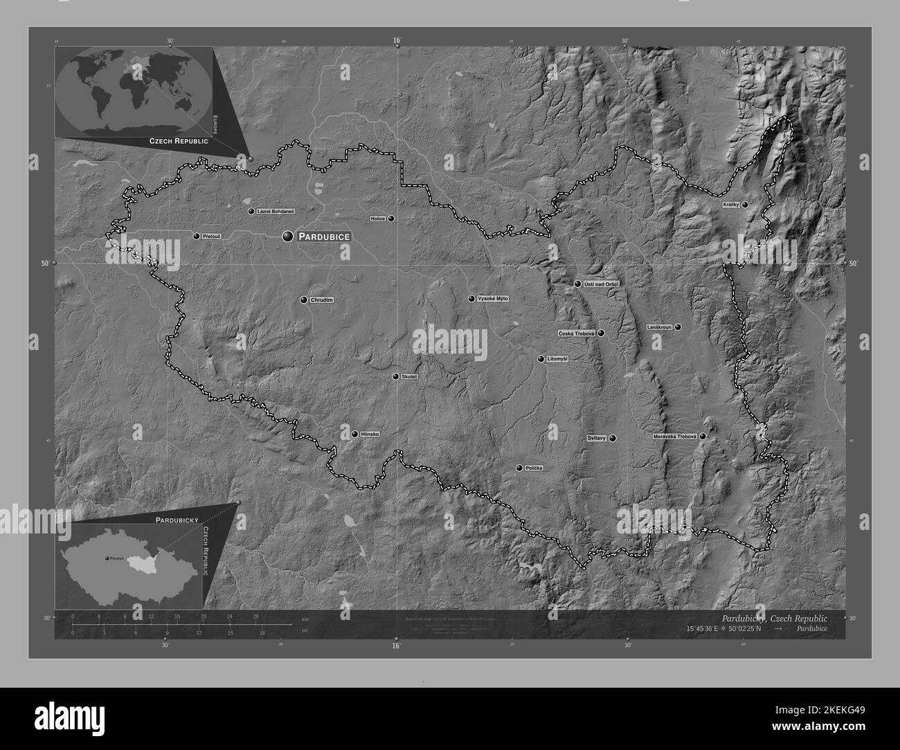 Pardubicky, region of Czech Republic. Bilevel elevation map with lakes ...