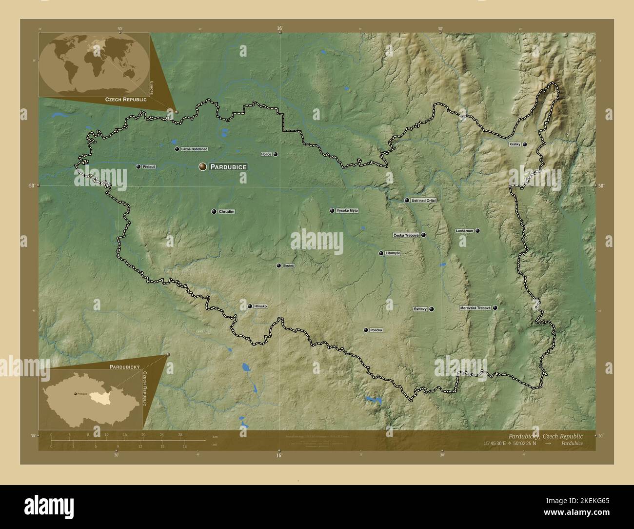 Pardubicky, region of Czech Republic. Colored elevation map with lakes ...