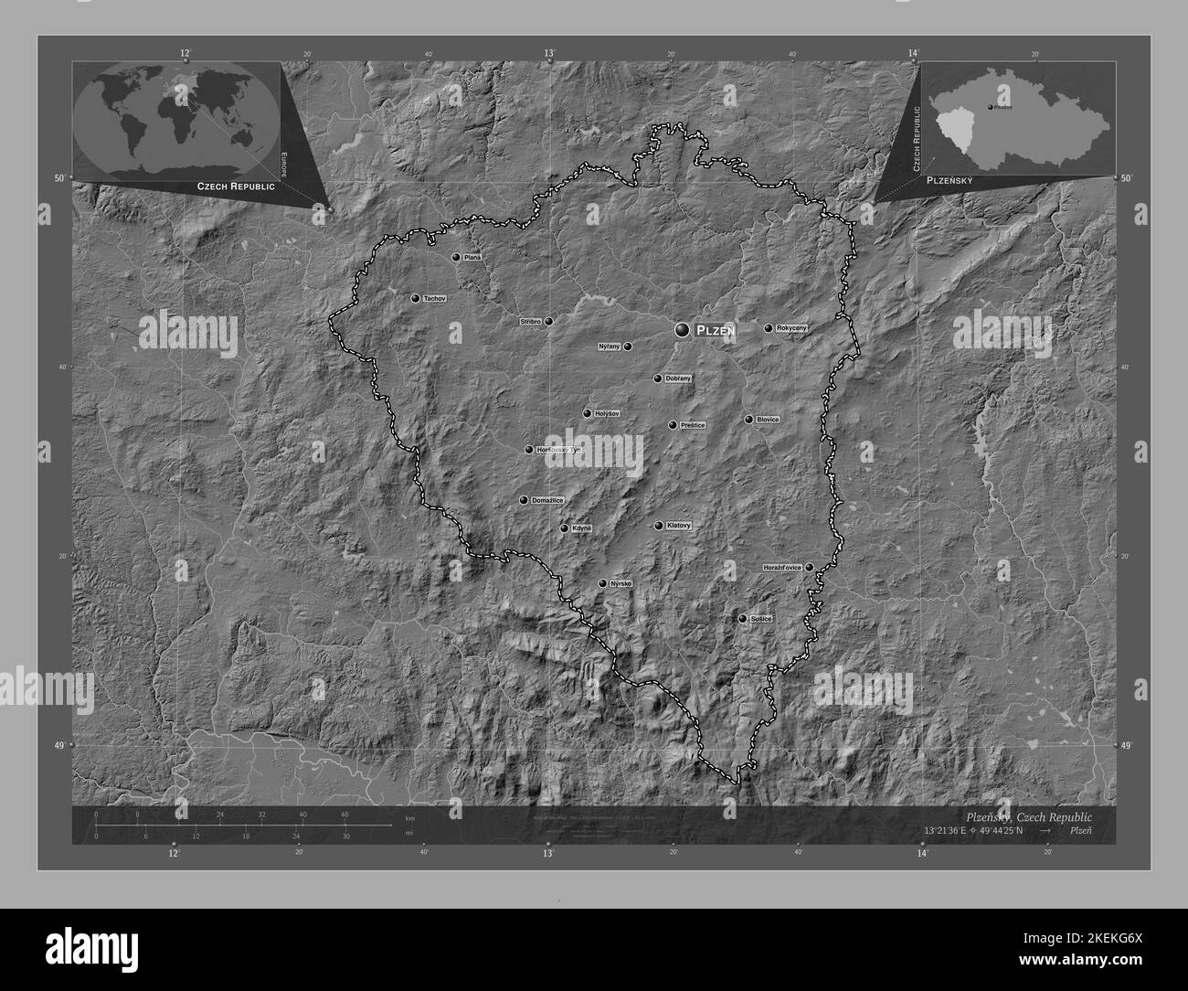 Plzensky, region of Czech Republic. Bilevel elevation map with lakes ...