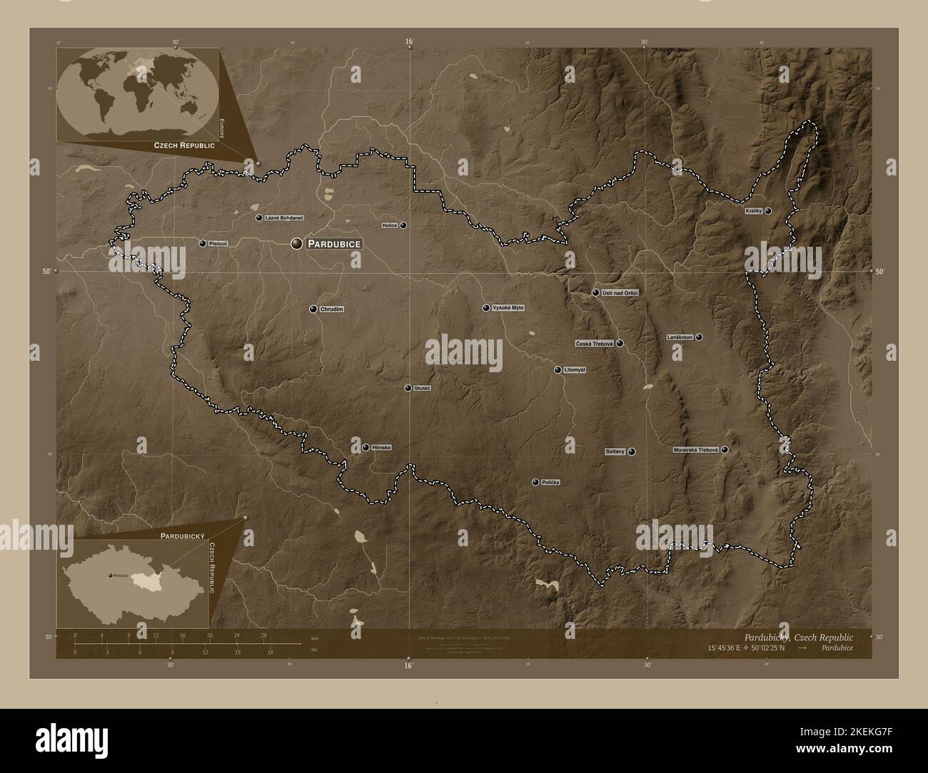 Pardubicky, region of Czech Republic. Elevation map colored in sepia ...