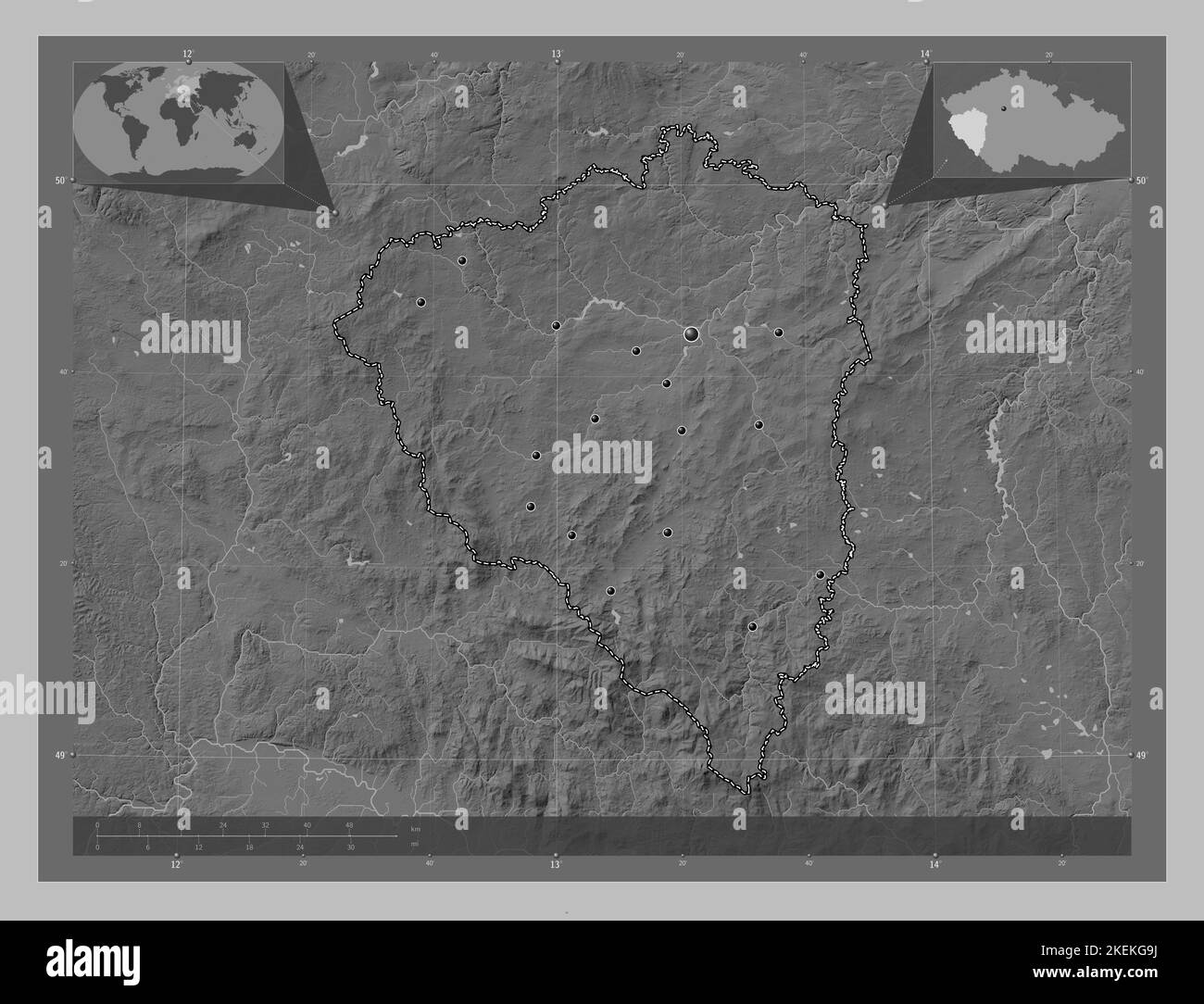 Plzensky, region of Czech Republic. Grayscale elevation map with lakes ...