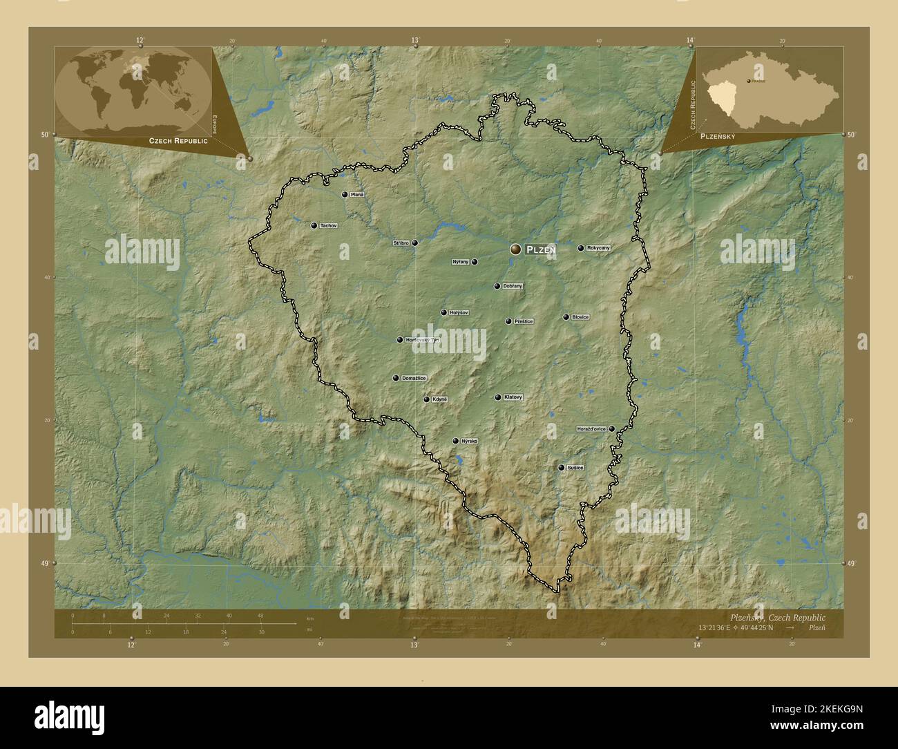 Plzensky, region of Czech Republic. Colored elevation map with lakes ...