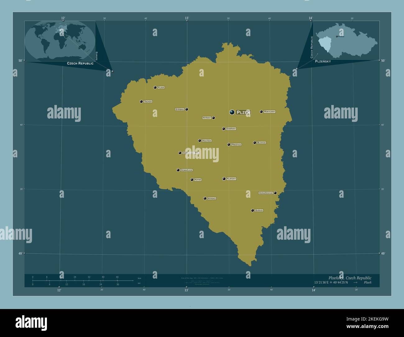 Plzensky, region of Czech Republic. Solid color shape. Locations and ...