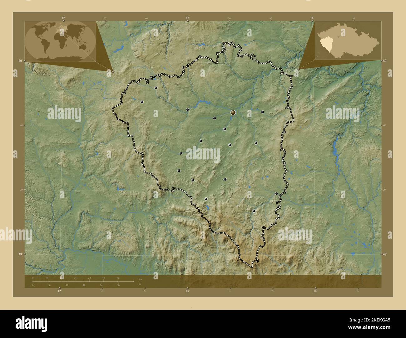Plzensky, region of Czech Republic. Colored elevation map with lakes ...