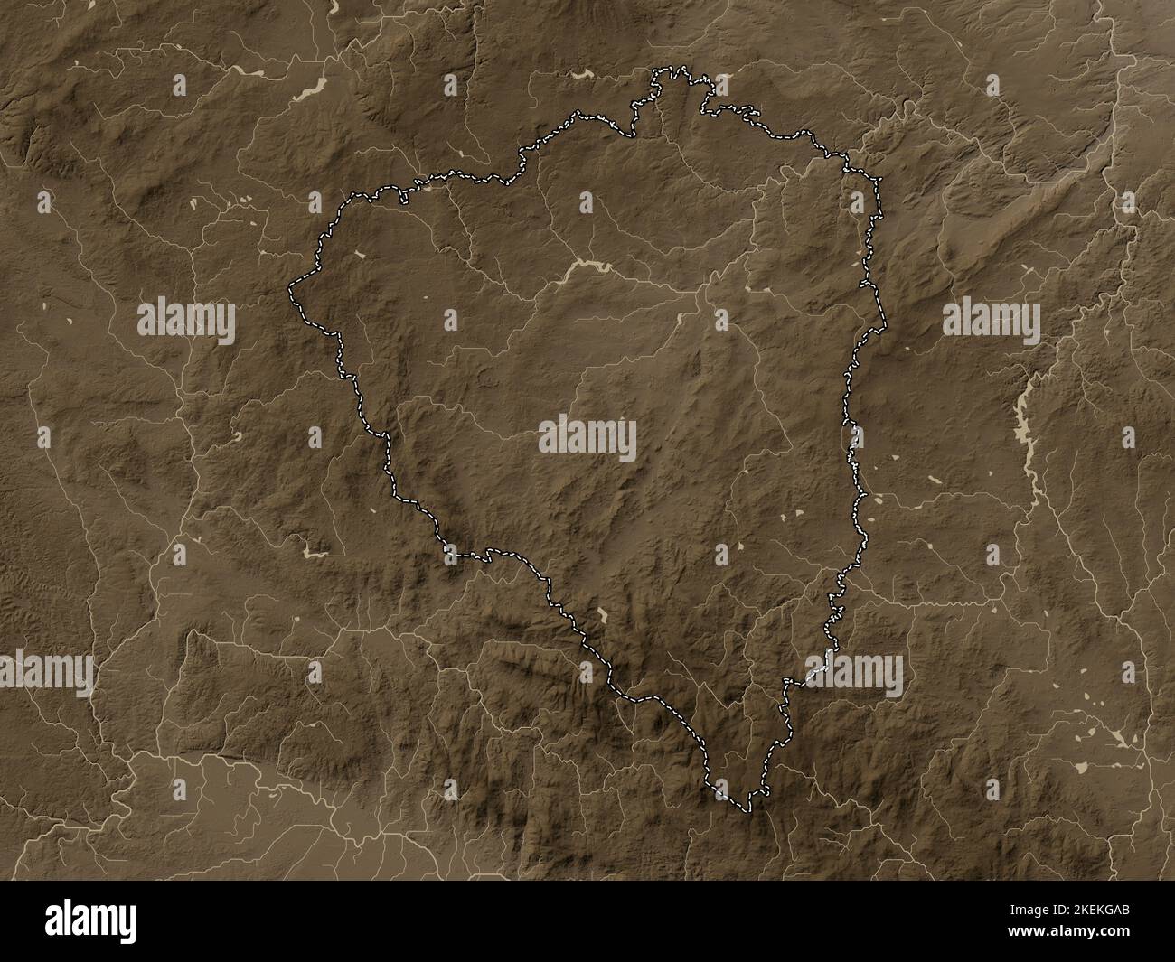 Plzensky, region of Czech Republic. Elevation map colored in sepia ...