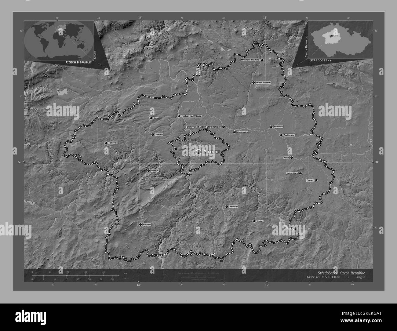 Stredocesky, region of Czech Republic. Bilevel elevation map with lakes ...