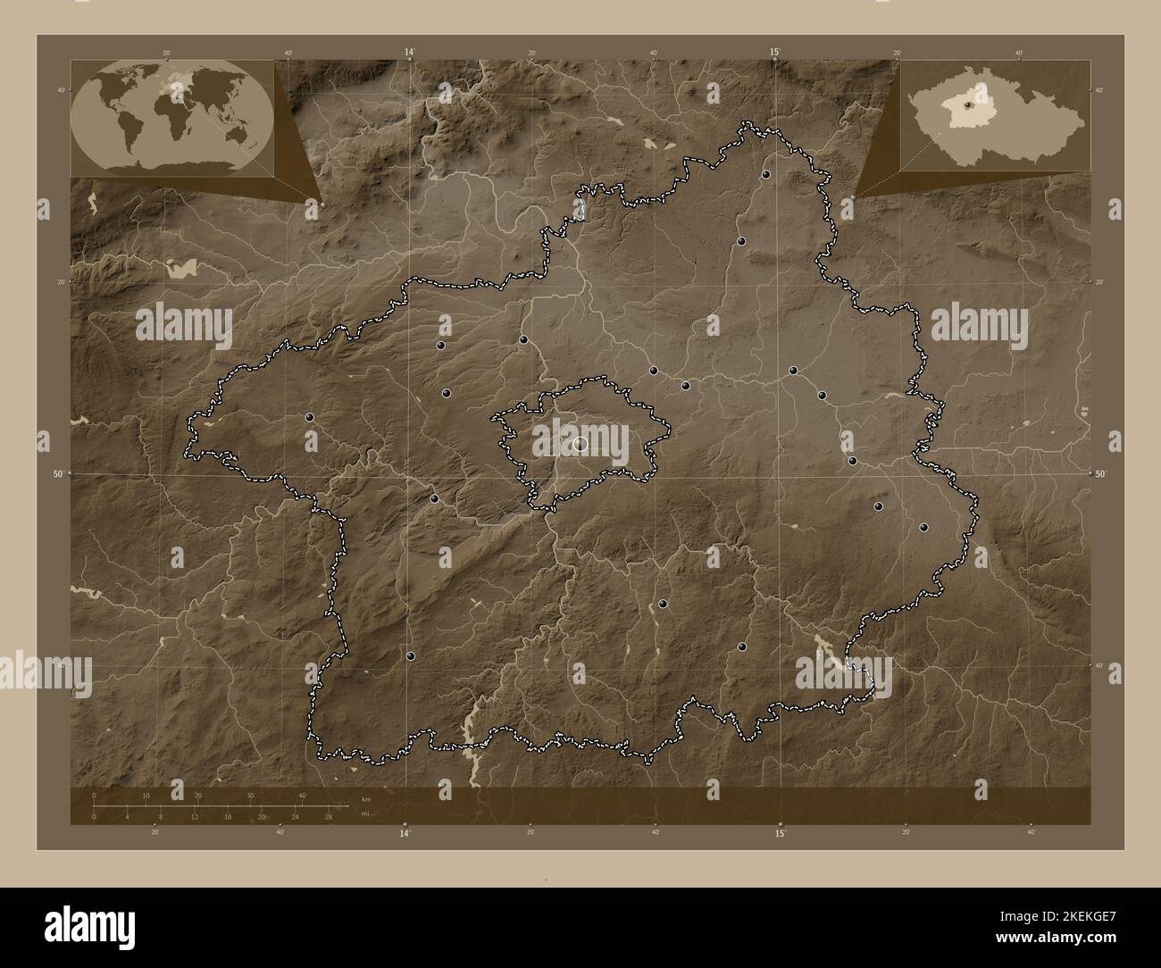 Stredocesky, region of Czech Republic. Elevation map colored in sepia ...