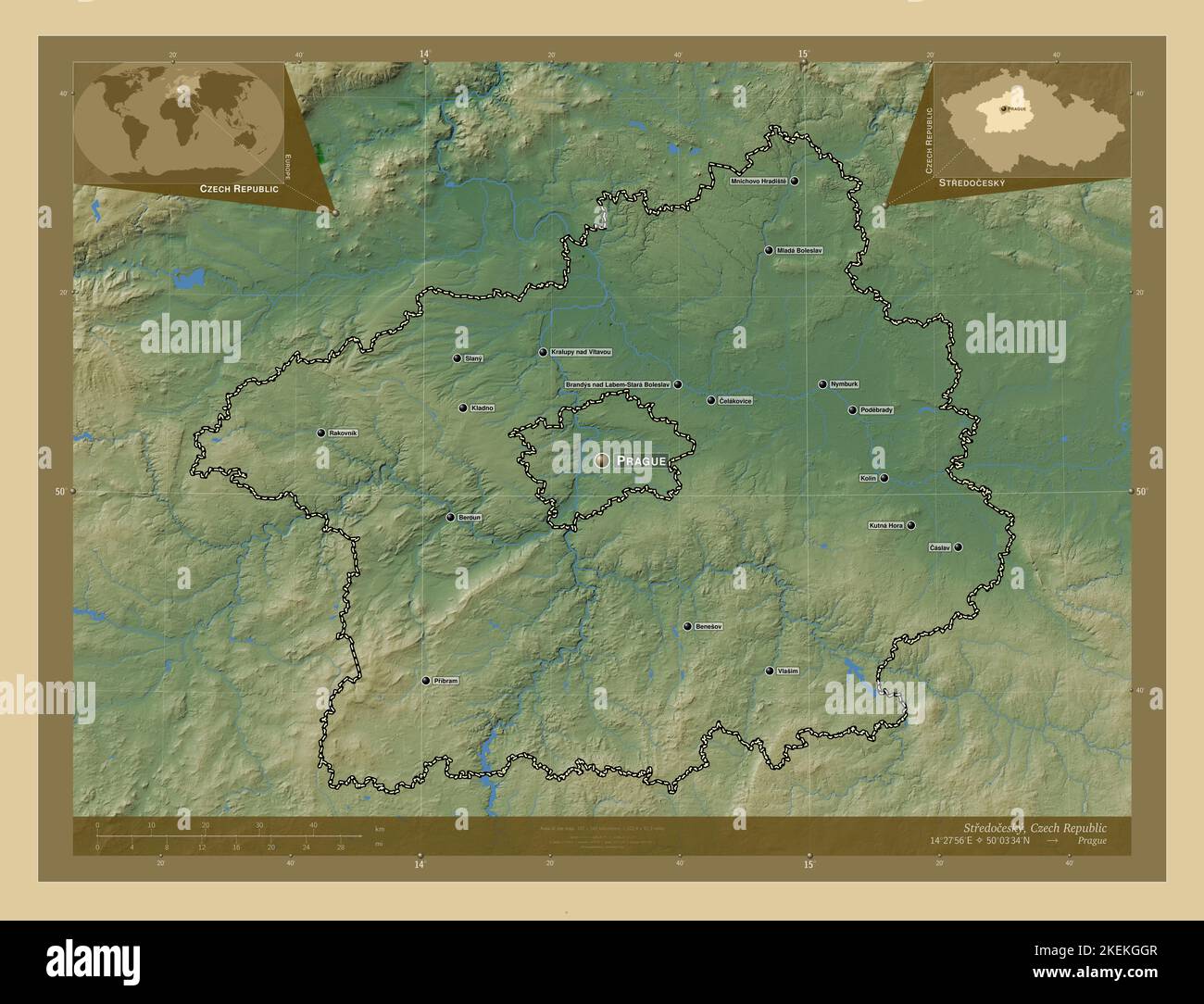 Stredocesky, region of Czech Republic. Colored elevation map with lakes ...