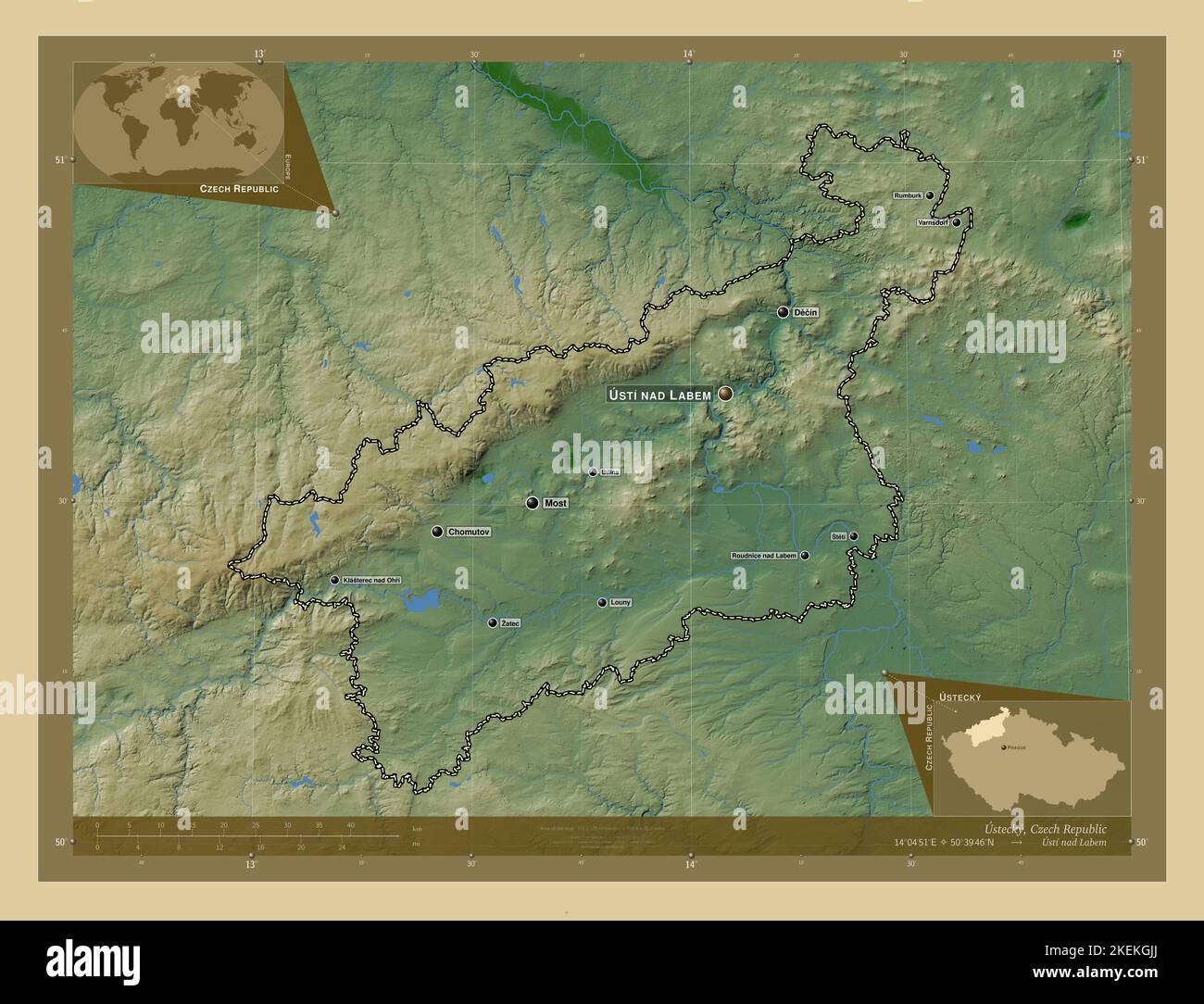 Ustecky, region of Czech Republic. Colored elevation map with lakes and ...