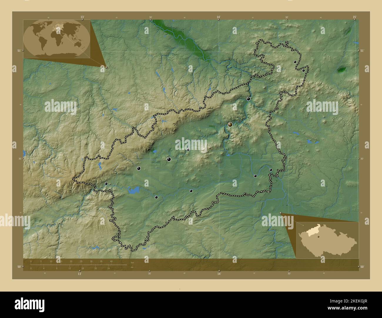 Ustecky, region of Czech Republic. Colored elevation map with lakes and ...