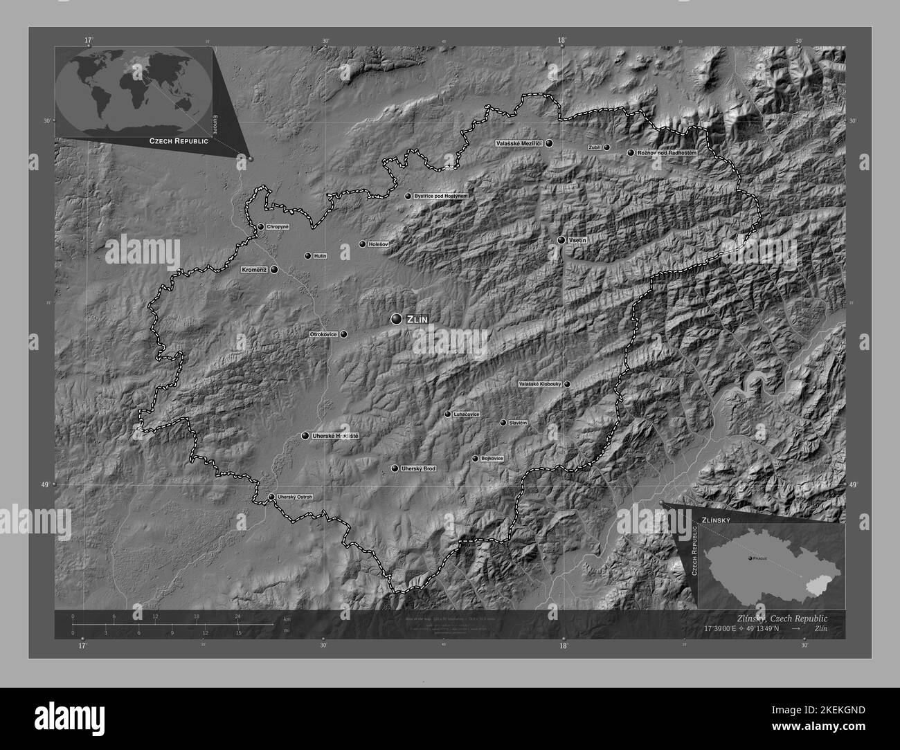 Zlinsky, region of Czech Republic. Bilevel elevation map with lakes and ...