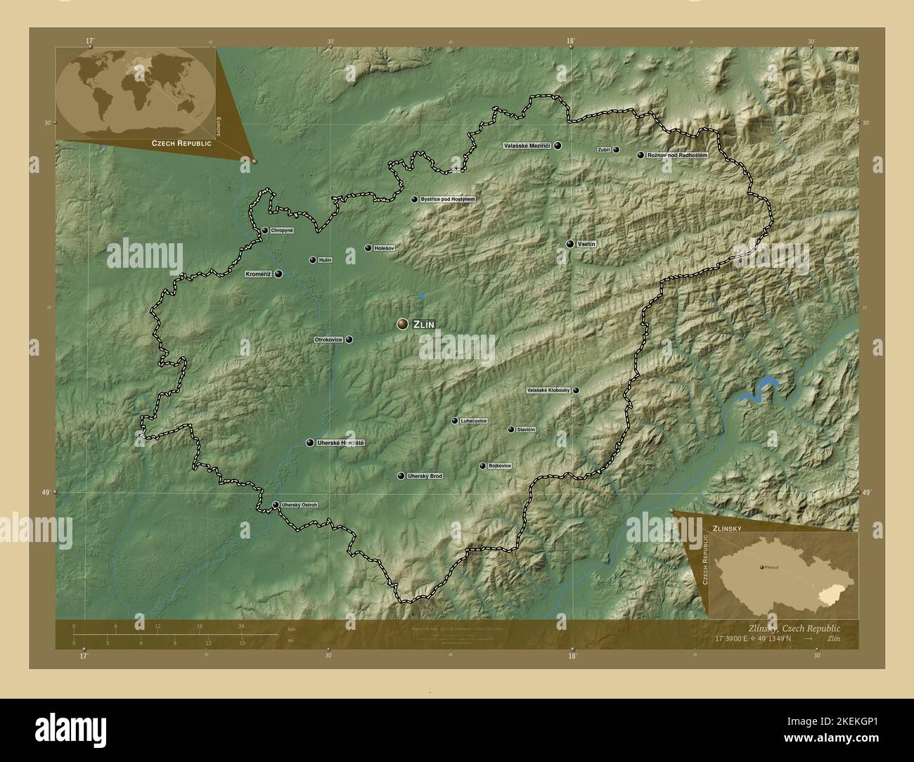 Zlinsky, region of Czech Republic. Colored elevation map with lakes and ...