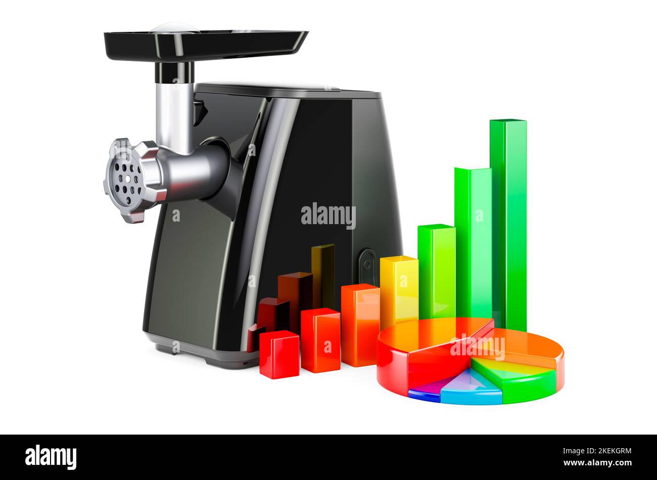 Meat grinder with growth bar graph and pie chart, 3D rendering isolated ...