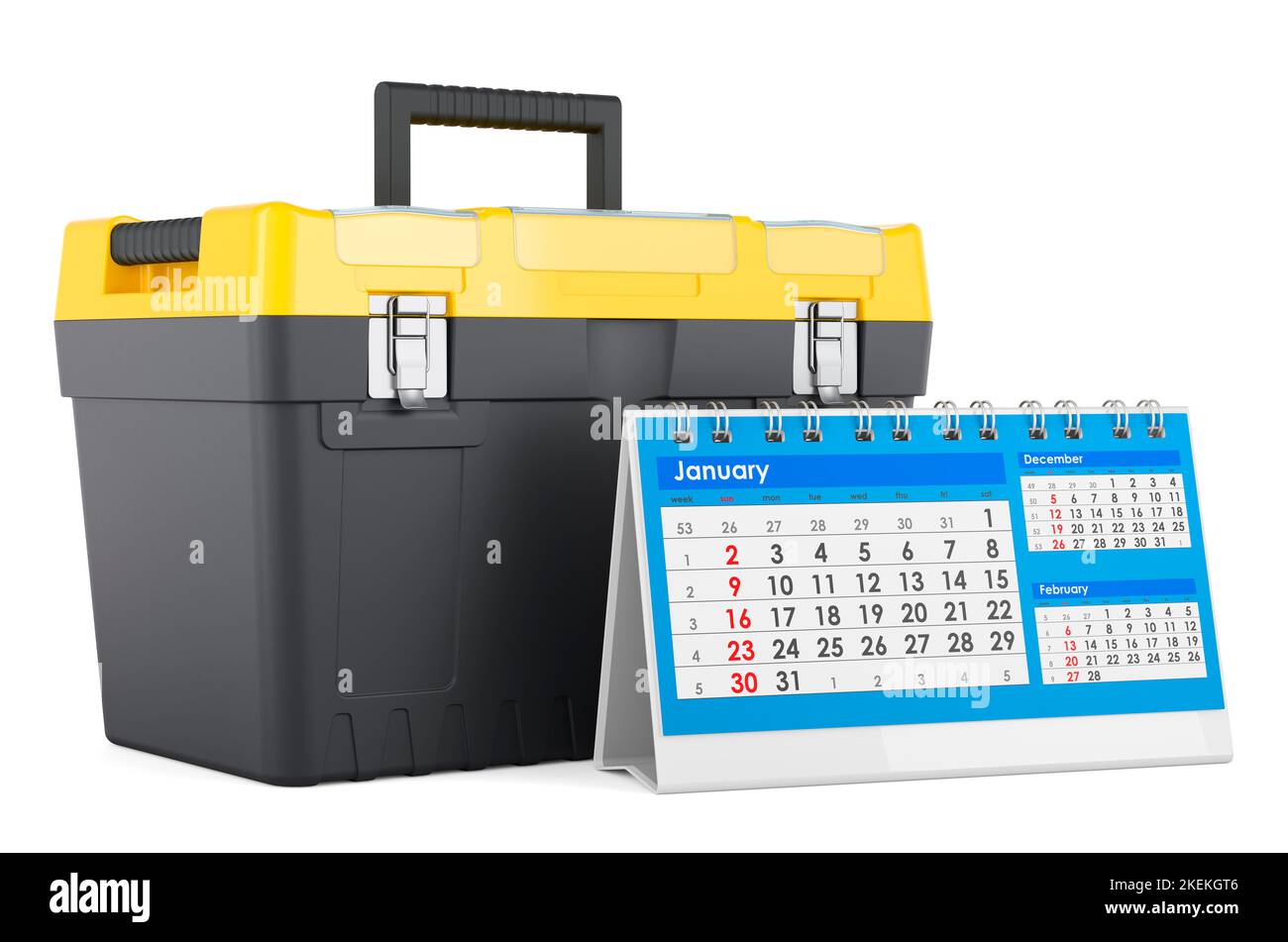 Desk calendar with tool box, 3D rendering isolated on white background ...