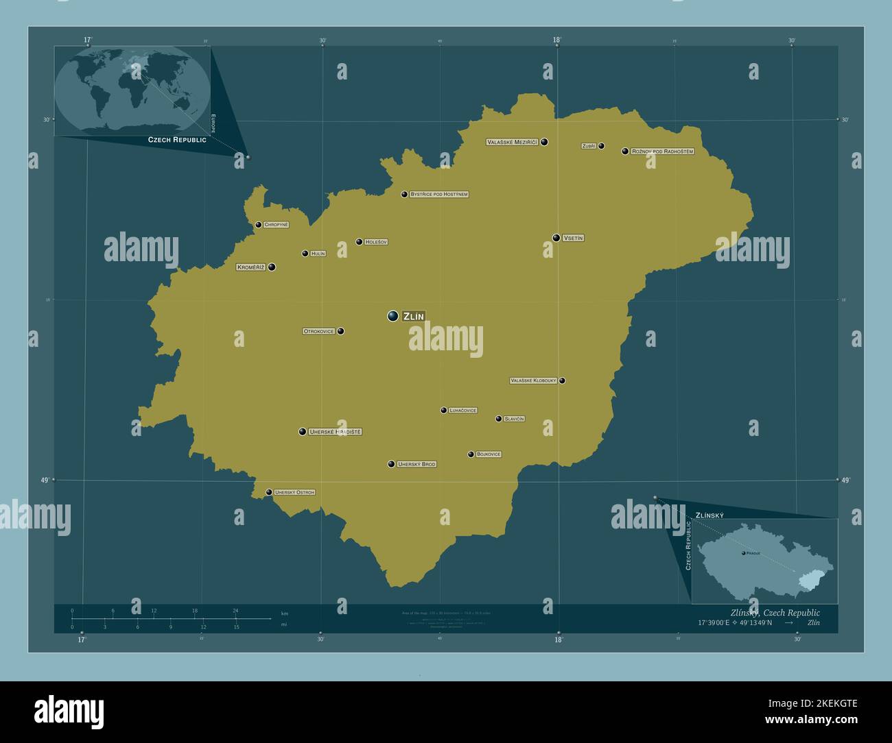Zlinsky, region of Czech Republic. Solid color shape. Locations and ...