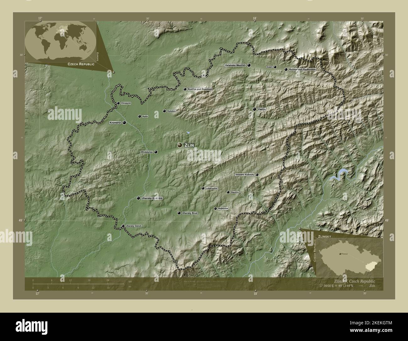 Zlinsky, region of Czech Republic. Elevation map colored in wiki style ...