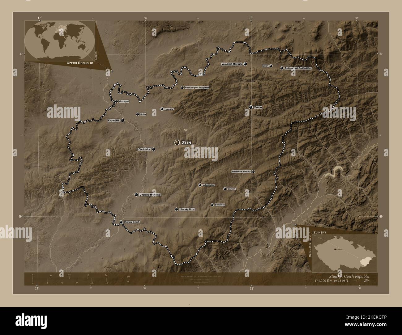 Zlinsky, region of Czech Republic. Elevation map colored in sepia tones ...