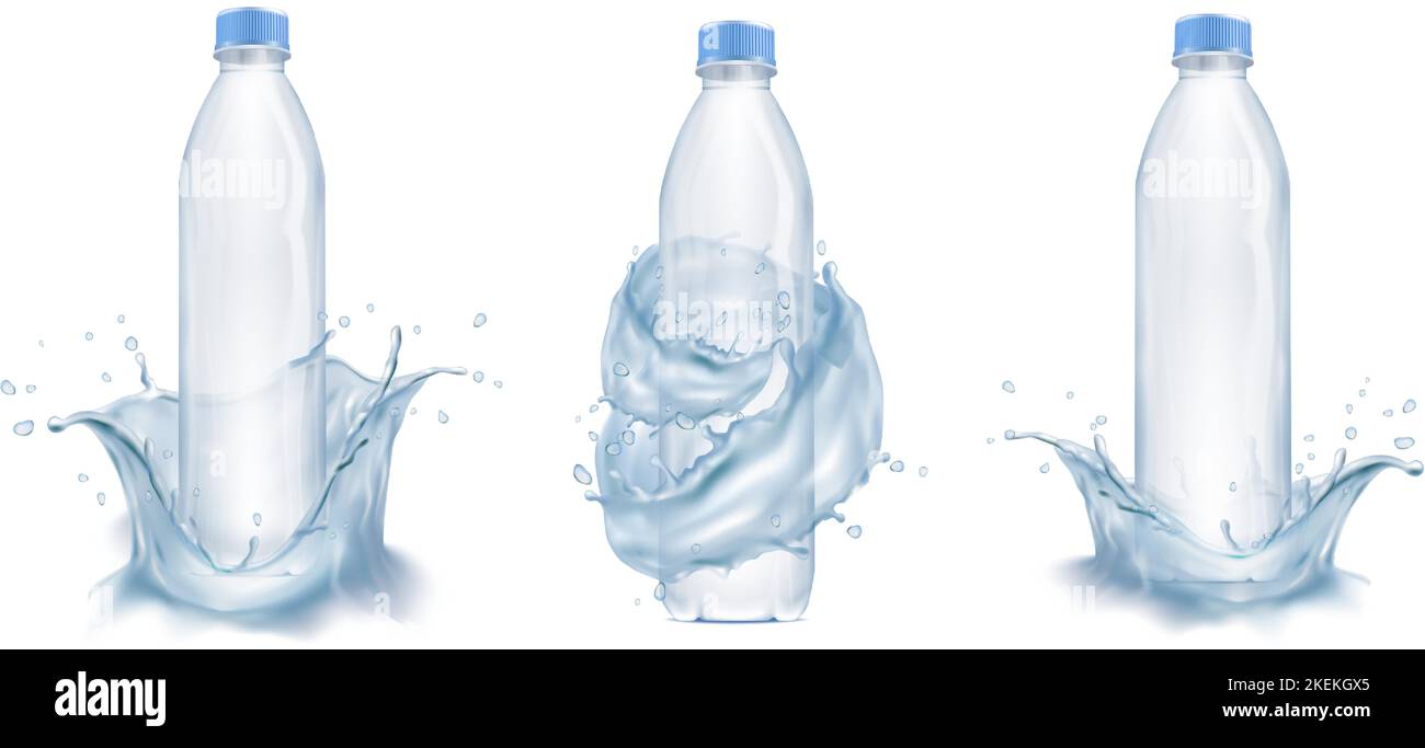 realistic vector icon set. Plstic water bottles with water splash ...