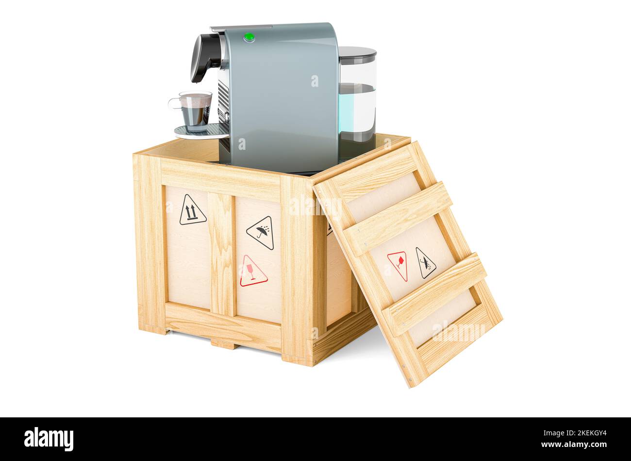 Coffee pod machine inside wooden box, delivery concept. 3D rendering ...