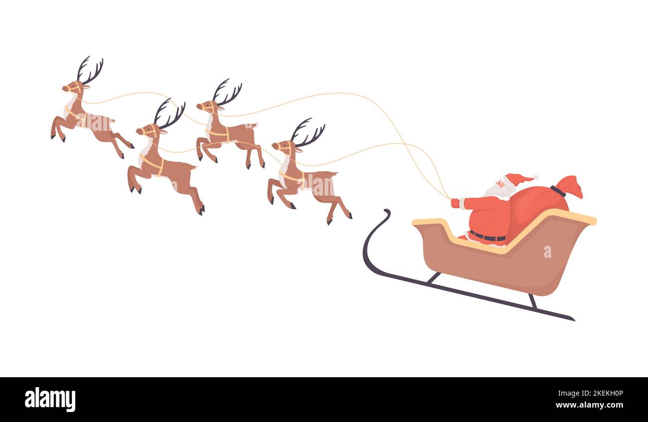 Santa Claus sleigh and reindeers semi flat color vector characters ...