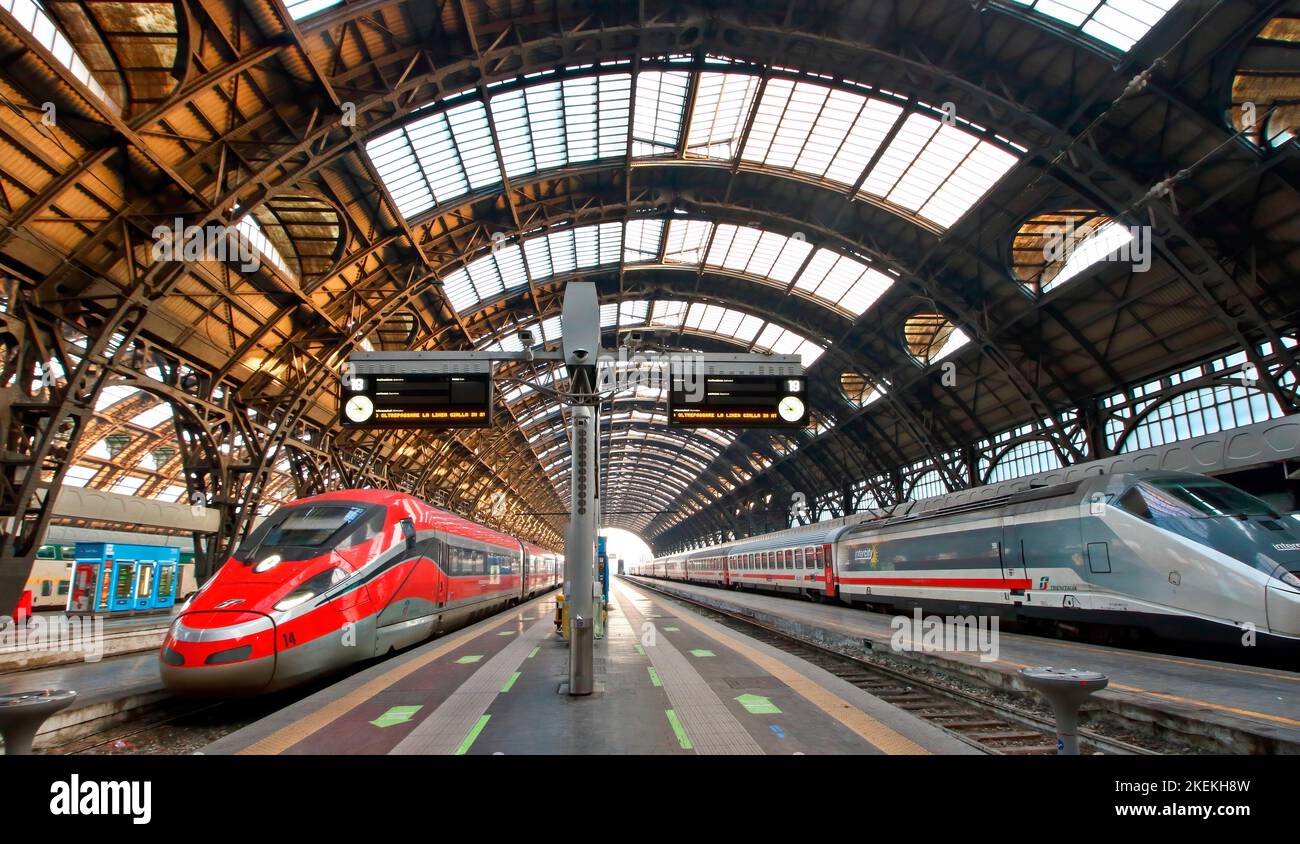Central Station of Milan, Italy, and two high speed trains. Italy ...