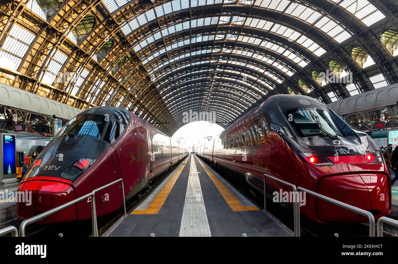 Central Station of Milan, Italy, and two high speed trains. Italy ...