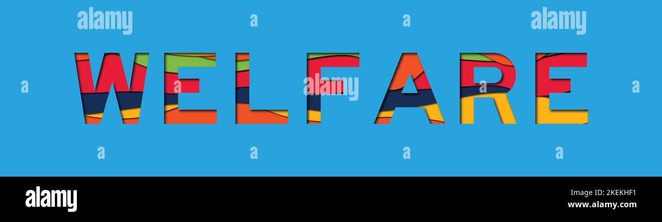 Letter with papercut style in word welfare on blue background Stock ...
