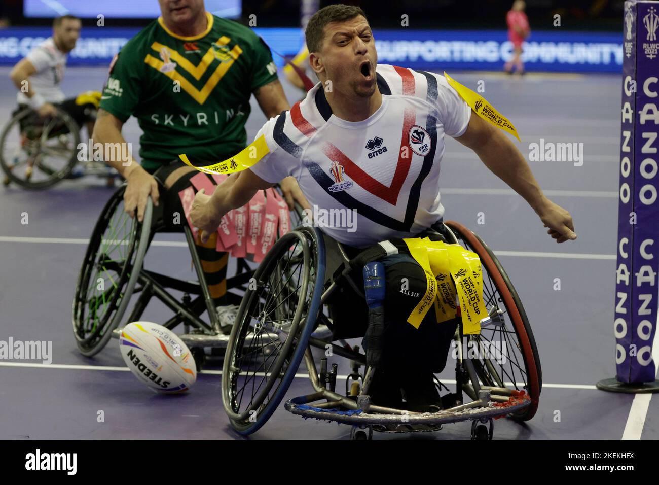 France's Mostefa Abassi celebrates scoring during the Wheelchair Rugby ...