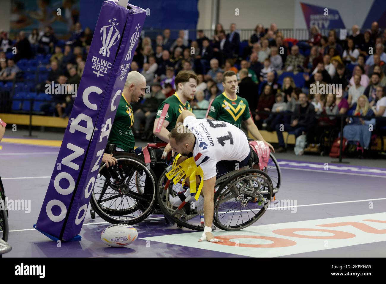 France's Florian Guttadoro scores during the Wheelchair Rugby League ...