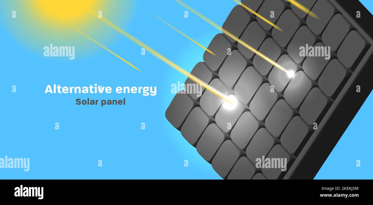 Solar pannels vector 3d illustration with battery and sun rays, banner ...