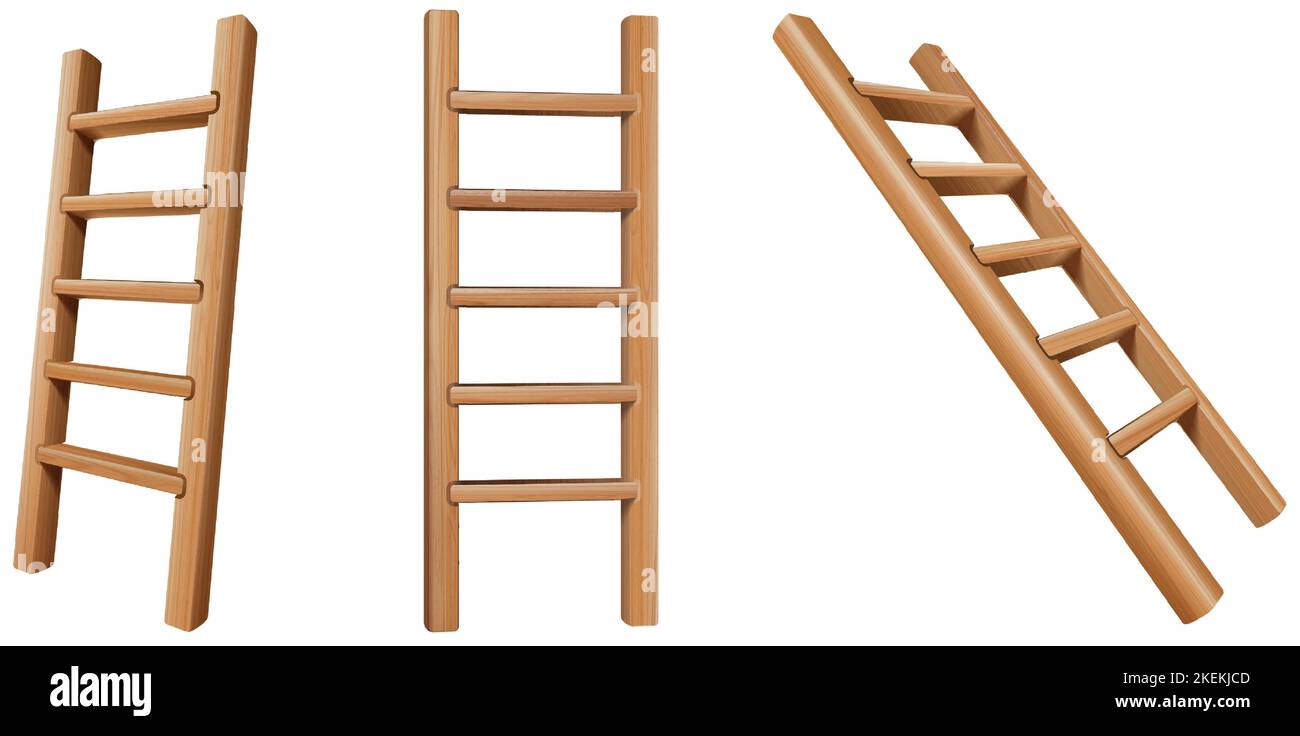 3d realistic vector icon illustration. Wooden ladder in front and side ...