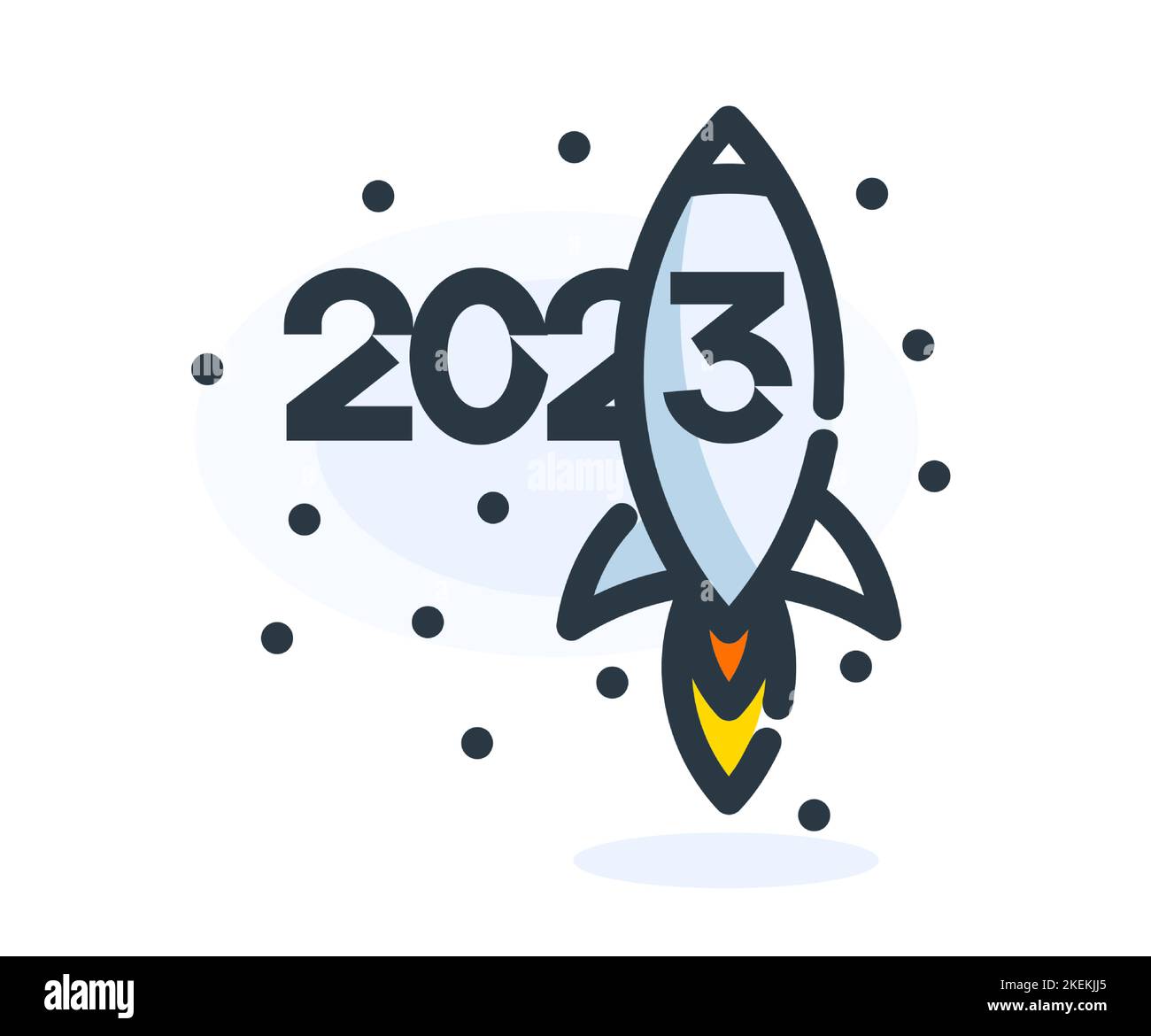2023 numbers in cartoon style with rocket. Happy New Year event poster ...