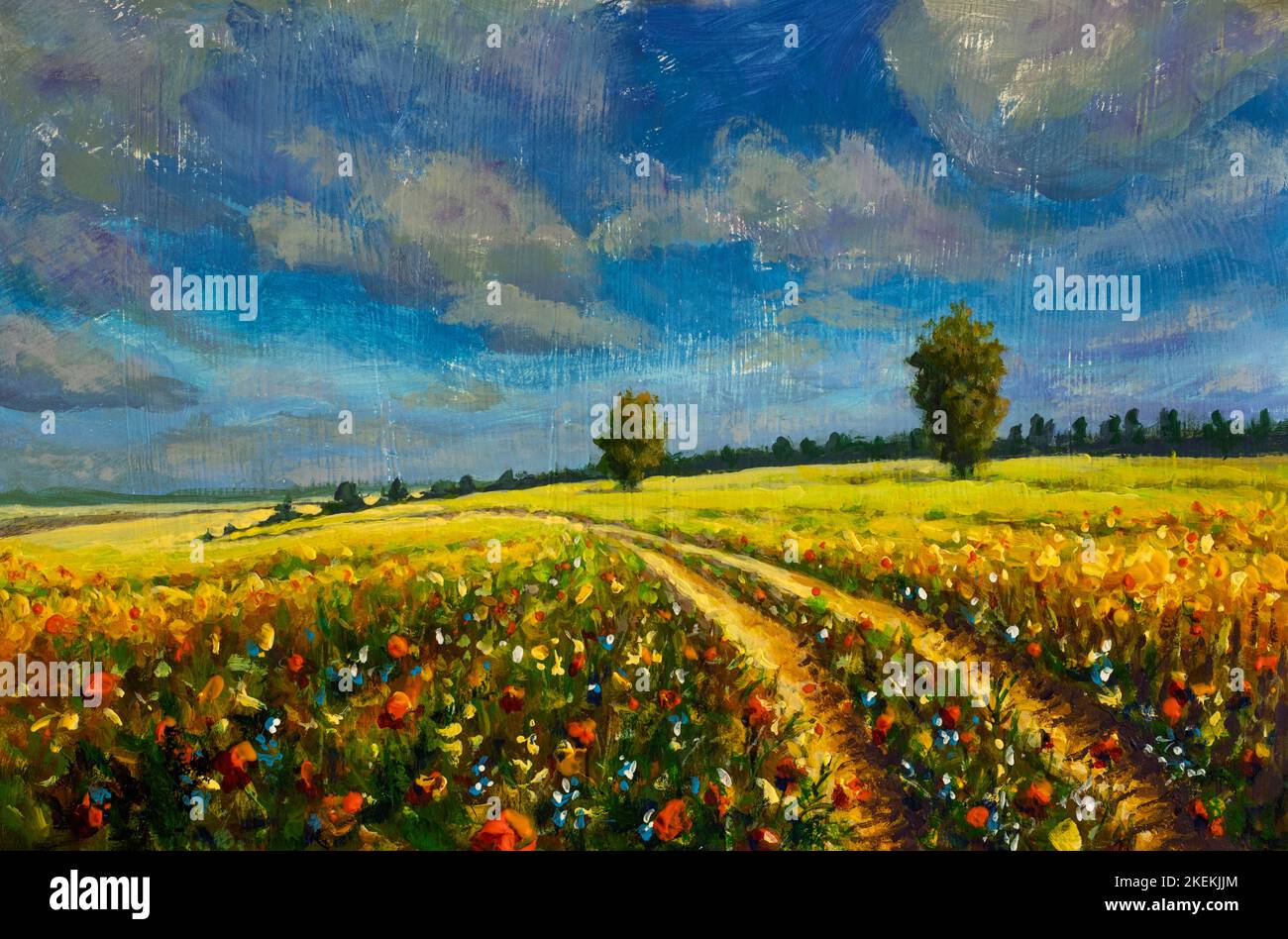 Warm rural field landscape painting art. Acrylic painting Road in a ...