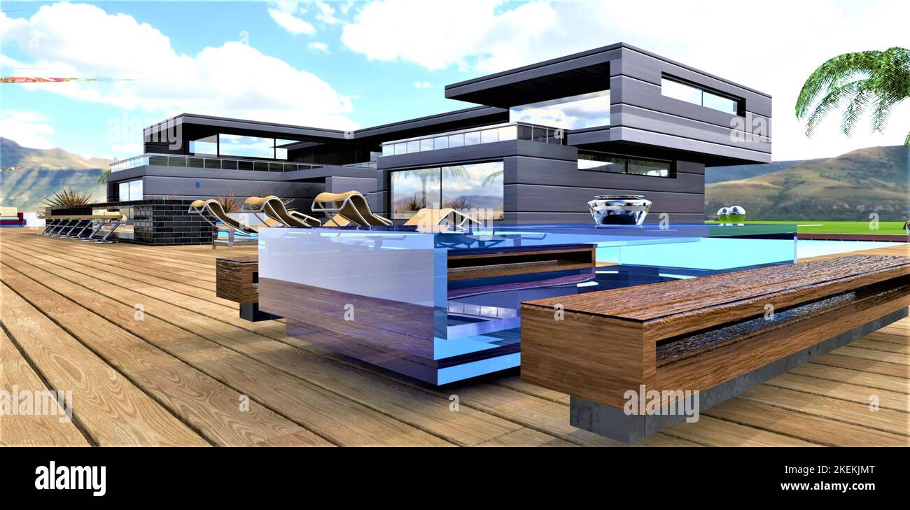 Glass table with wooden benches on the decking in the backyard of the ...