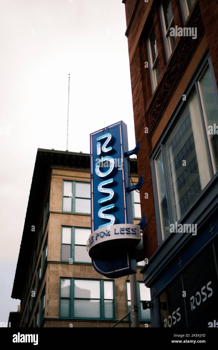 A low angle of the Ross store channel letter sign in downtown Denver ...