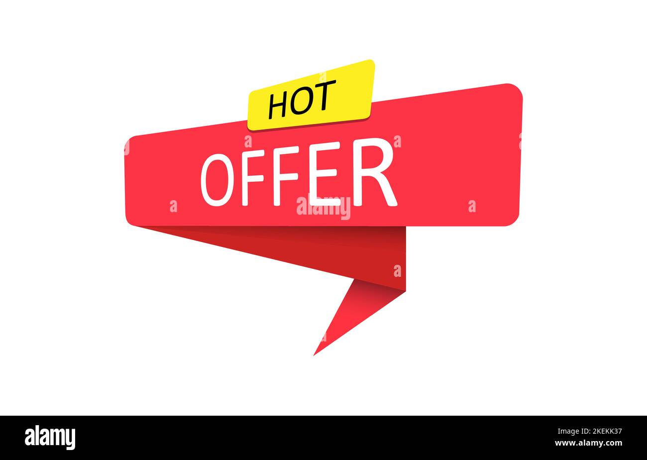 HOT OFFER. A red banner, pointer, sticker, label or speech bubble for ...